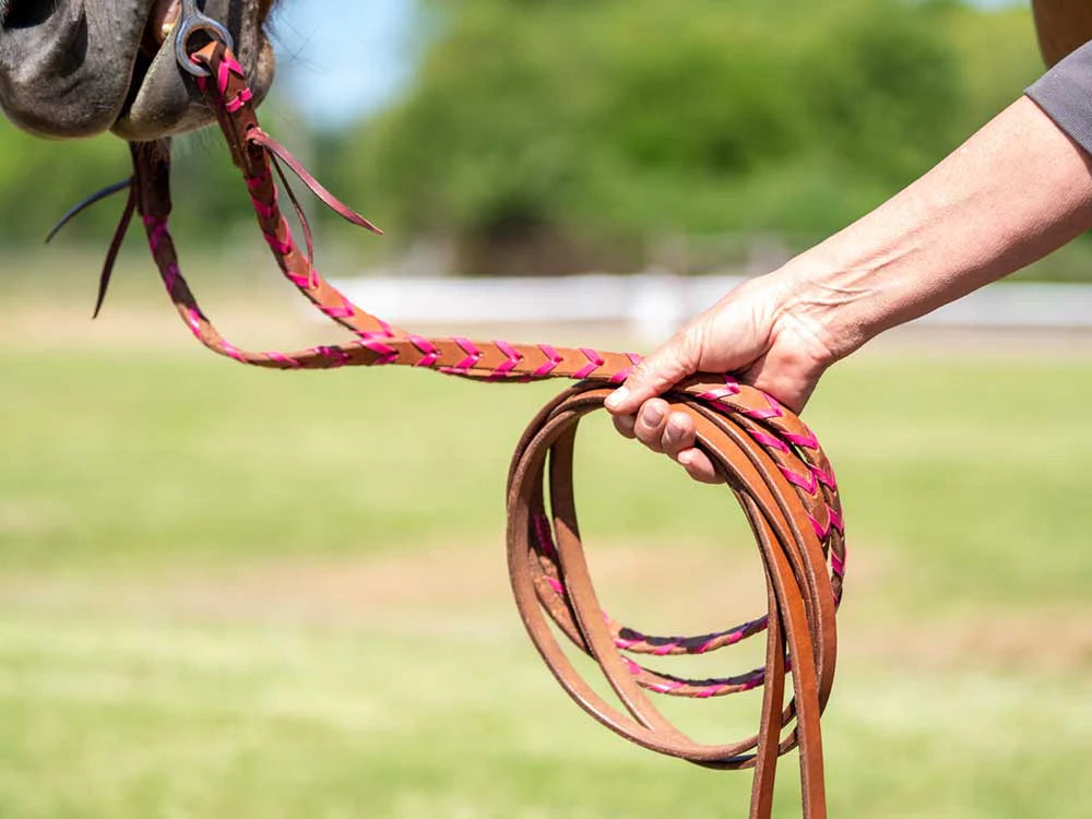 Western Split Reins with Pink Braiding – Grewal Equestrian